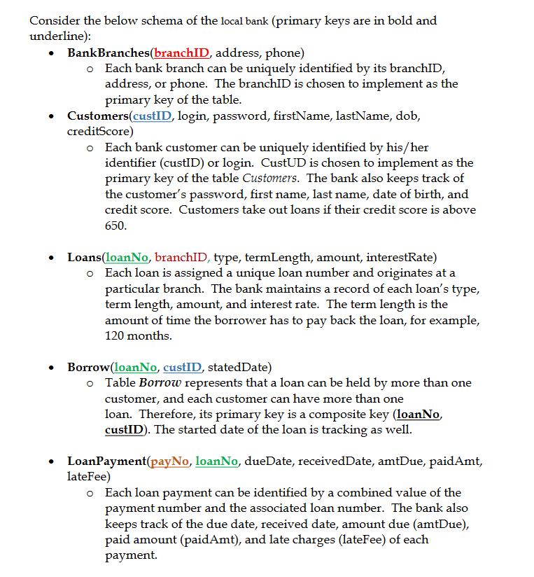 Solved Consider the below schema of the local bank (primary | Chegg.com