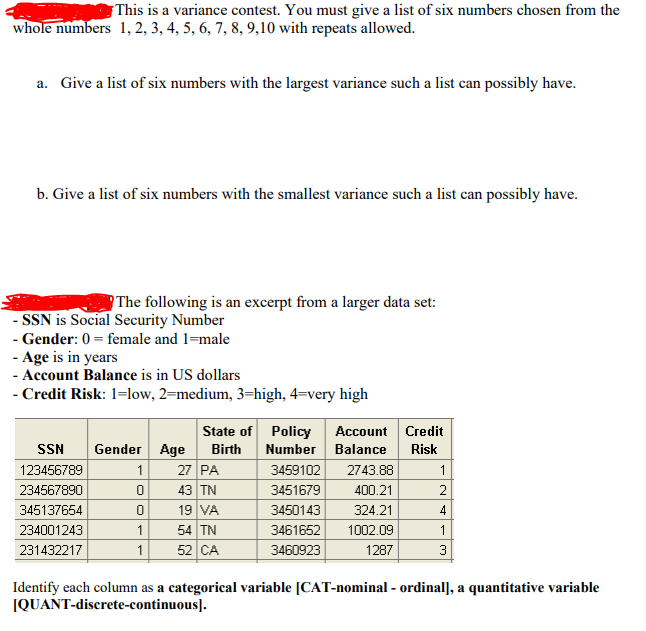 Solved This is a variance contest. You must give a list of | Chegg.com