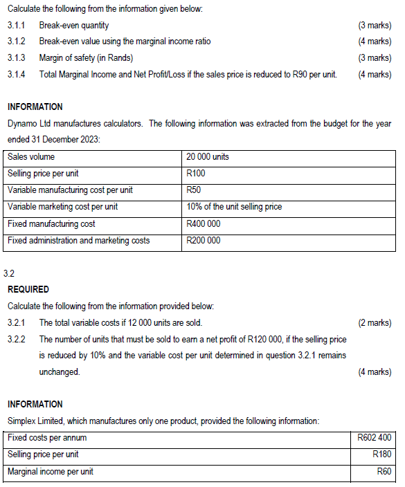 Solved Calculate the following from the information given | Chegg.com
