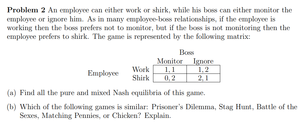 Solved Problem 2 An employee can either work or shirk, while | Chegg.com