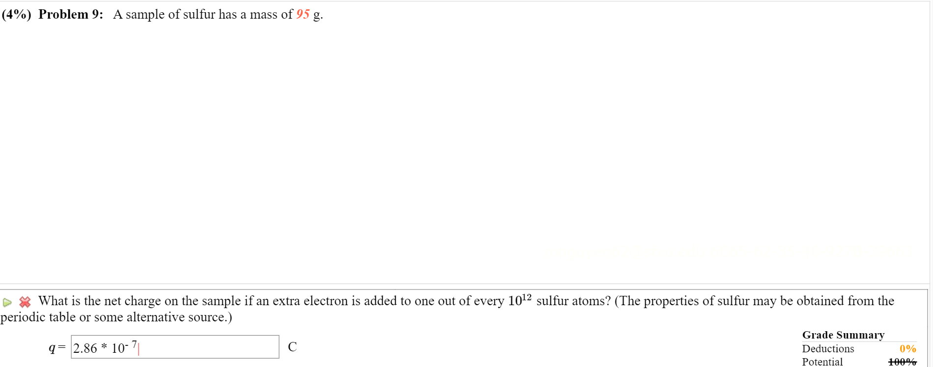 Solved (4\%) Problem 9: A sample of sulfur has a mass of 95 | Chegg.com