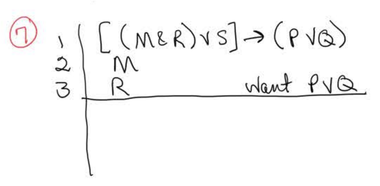 Solved \begin{tabular}{l|ll} (7) & {[(M&R)∨S]→(P∨Q)} \\ 2 & | Chegg.com