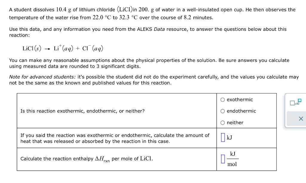 Solved A student dissolves 10.4 g of lithium chloride (LiCl) | Chegg.com