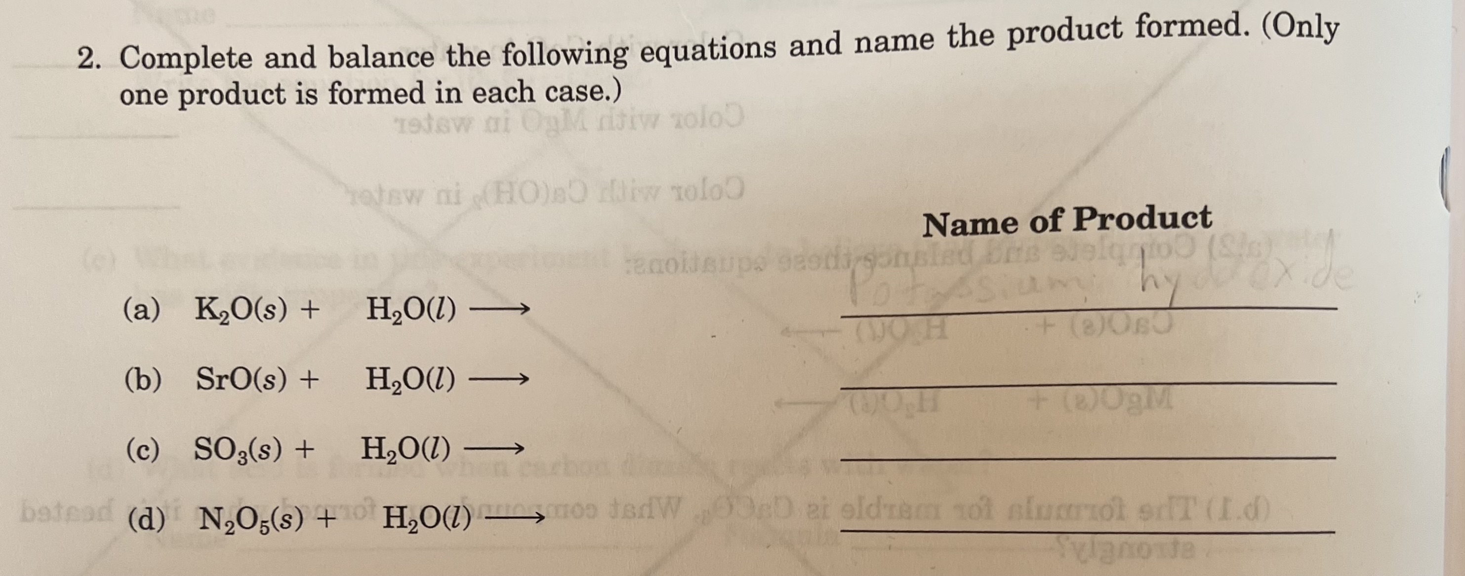 Solved 2. Complete and balance the following equations and | Chegg.com