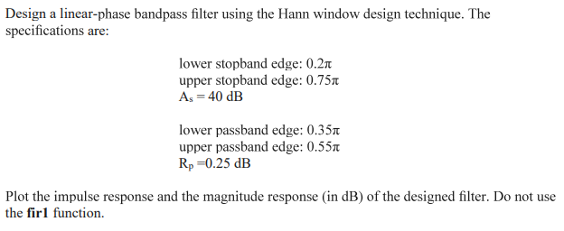 Solved Design a linear-phase bandpass filter using the Hann | Chegg.com