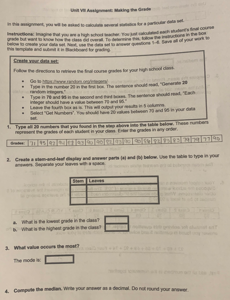 Unit VII Assignment: Making the Grade ng the Grade In | Chegg.com