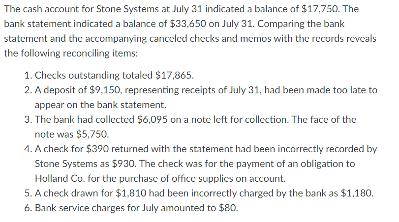 Solved The cash account for Stone Systems at July 31 | Chegg.com