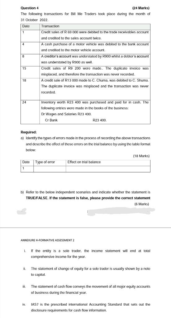 Solved Question 4 (24 Marks) The following transactions for | Chegg.com