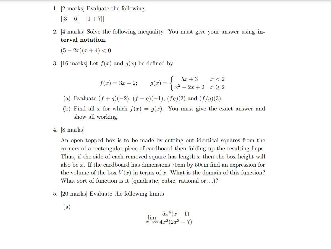 Solved 1. [2 marks] Evaluate the following. ∣∣3−6∣−∣1+7∣∣ 2. | Chegg.com