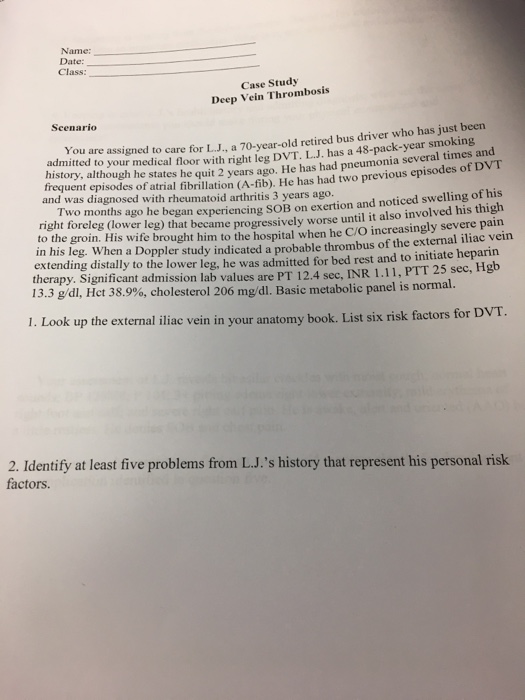 Solved Name: Date: Class: Case Study Deep Vein Thrombosis | Chegg.com
