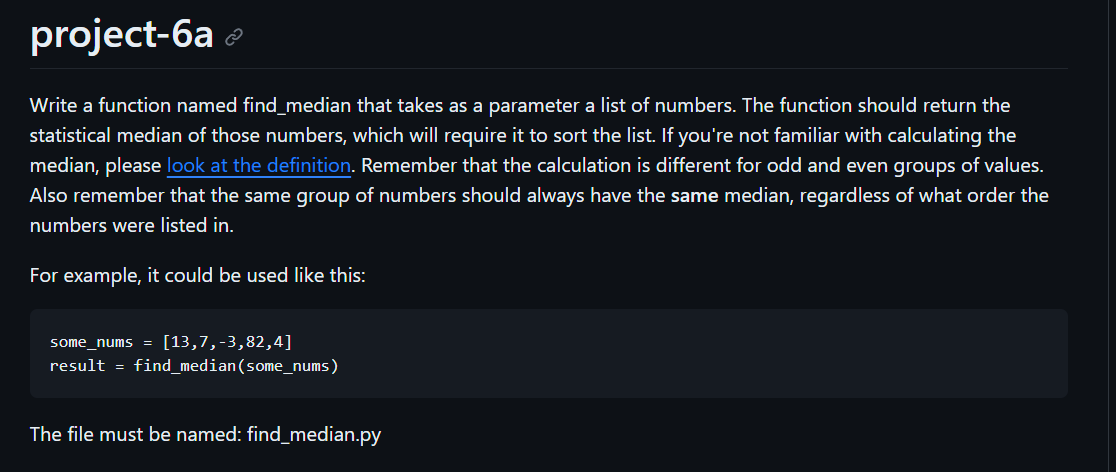 Solved project-6a Write a function named find_median that | Chegg.com