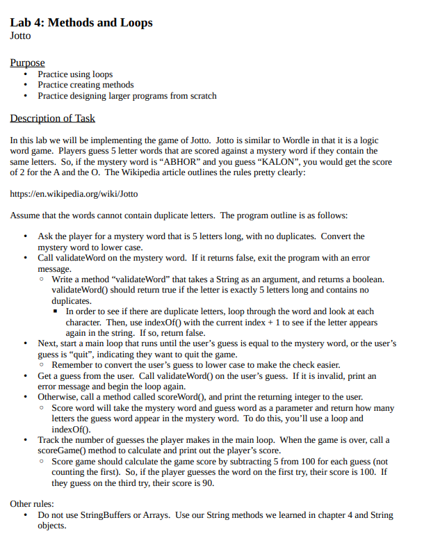 Solved Lab 4: Methods and Loops Jotto Purpose • Practice | Chegg.com