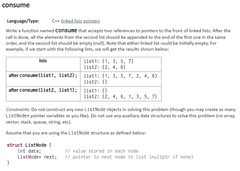 Solved consume Language/Type: C++ linked lists pointers | Chegg.com