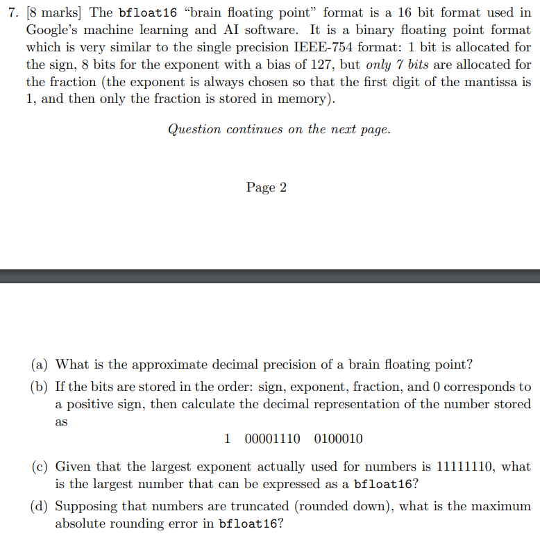 Solved 7. [8 marks] The bfloat16 "brain floating point" | Chegg.com