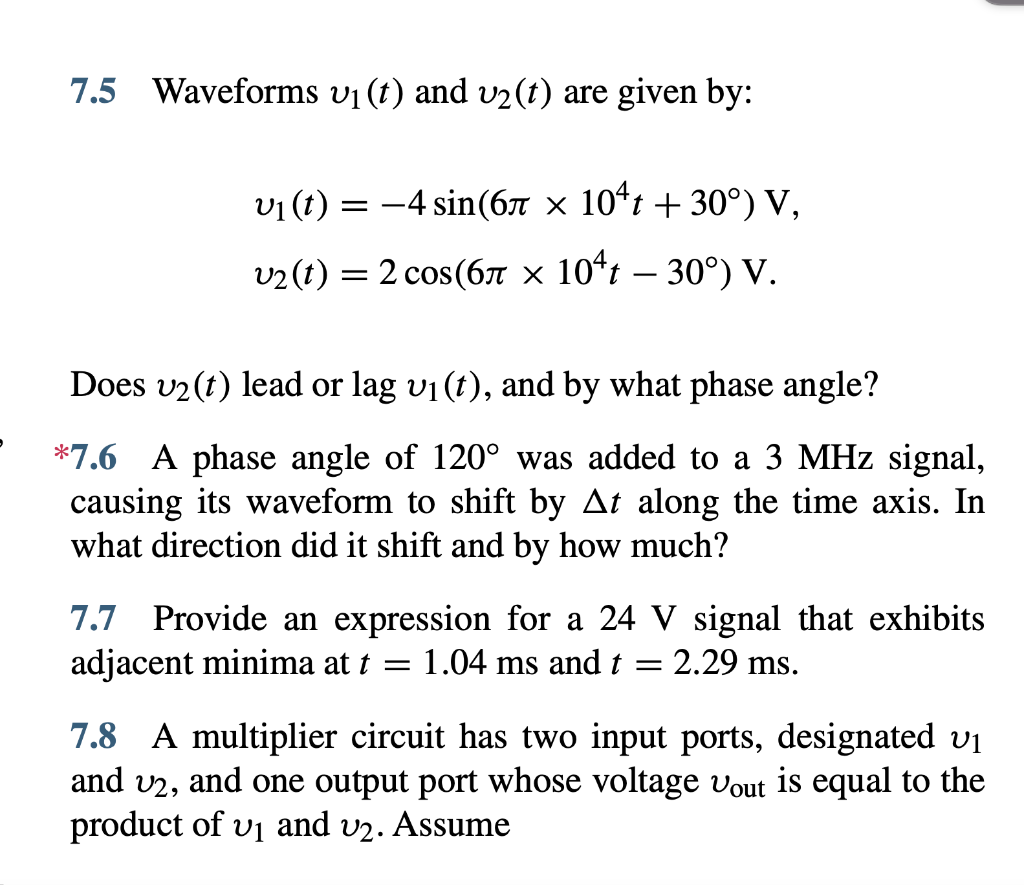 Solved 7.5 Waveforms v1(t) and v2(t) are given by: | Chegg.com