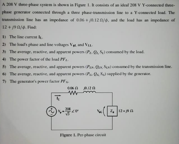 Solved A 208 V three-phase system is shown in Figure 1. It | Chegg.com