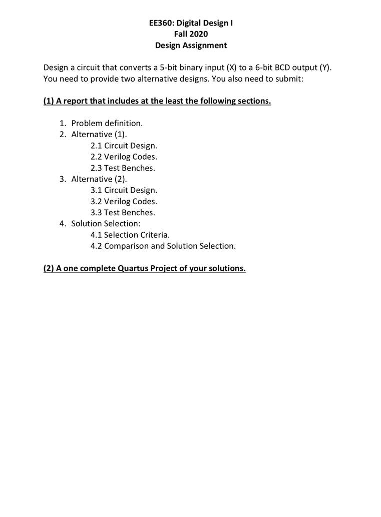 EE360: Digital Design Fall 2020 Design Assignment | Chegg.com