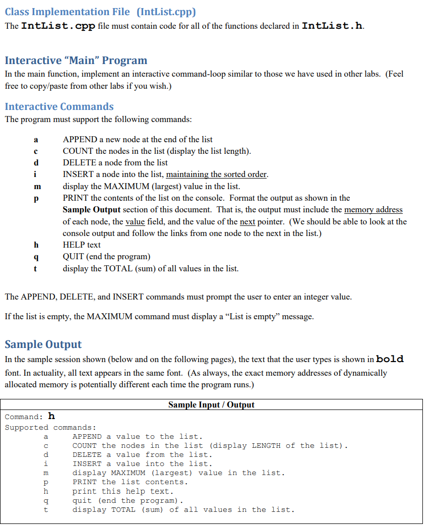 Solved Programming Assignment Create IntList.h and | Chegg.com