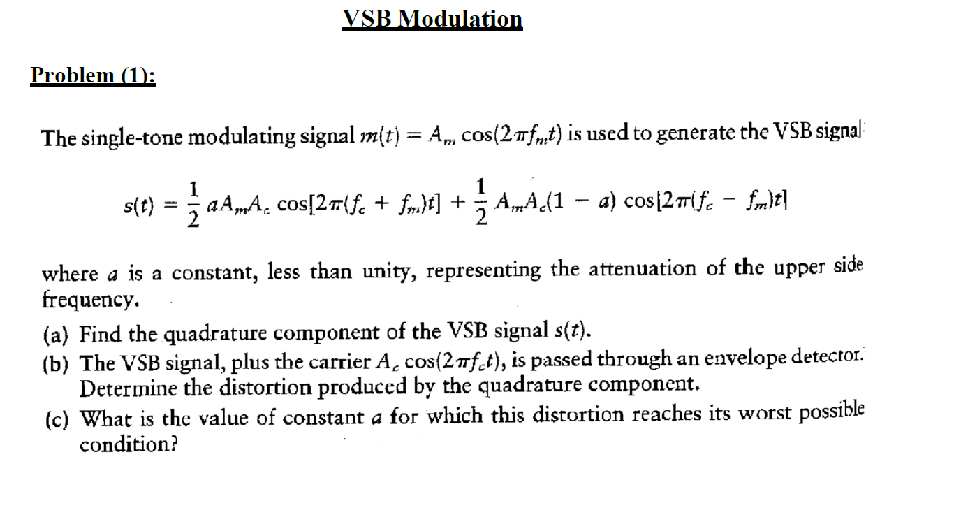 Solved VSB Modulation Problem (1: The single-tone modulating | Chegg.com