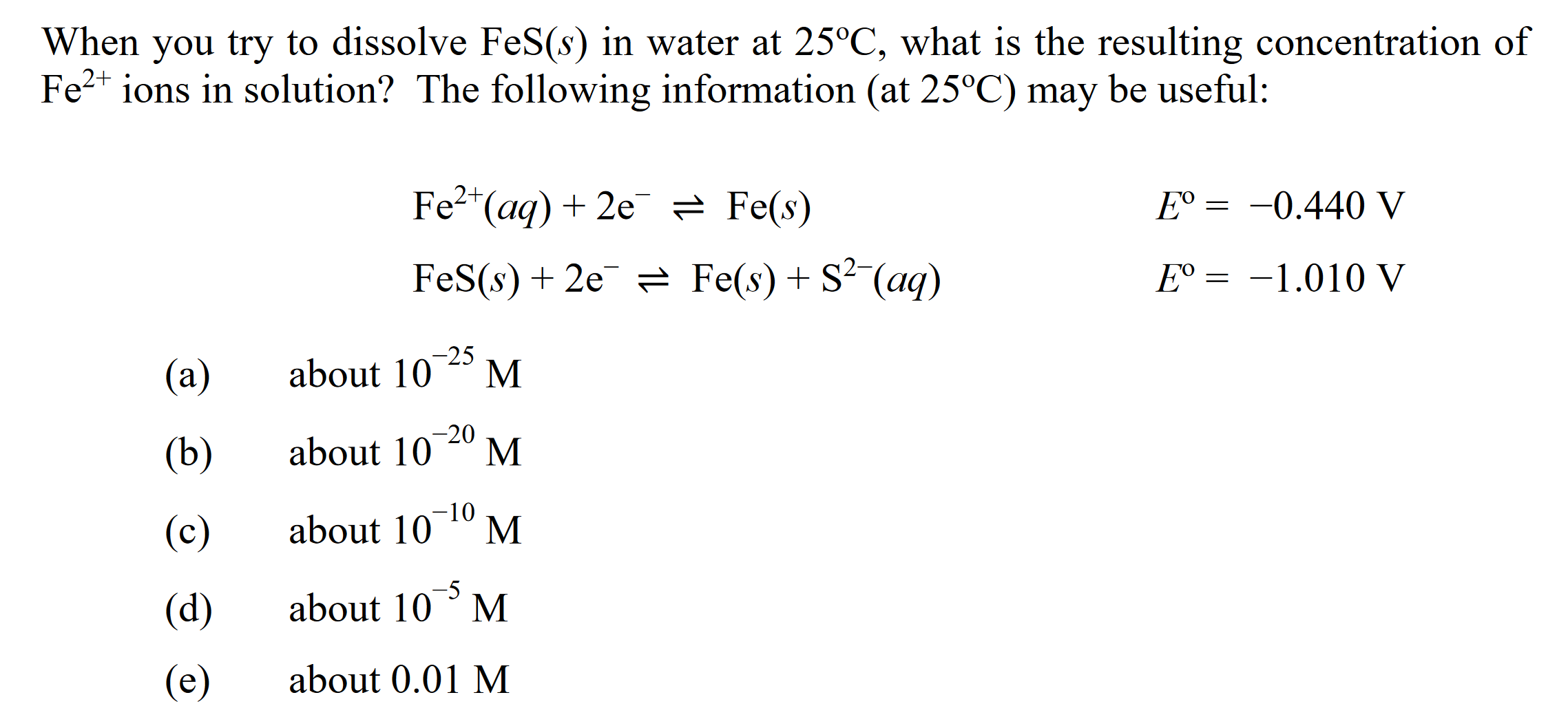 Solved When you try to dissolve FeS(s) in water at 25∘C, | Chegg.com