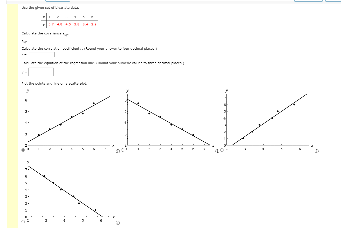 Solved Use the given set of bivariate data. x 1 2 3 4 5 6 y | Chegg.com
