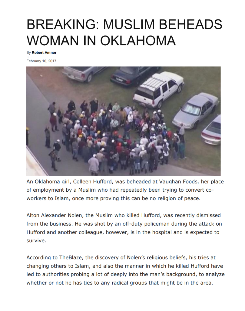 Solved BREAKING: MUSLIM BEHEADS WOMAN IN OKLAHOMA By Robert | Chegg.com