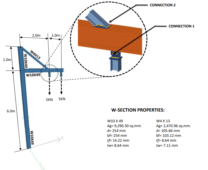 Solved CONNECTION 2 CONNECTION 1 2.Om 1.Om W4X13 1.Om W10X49 | Chegg.com