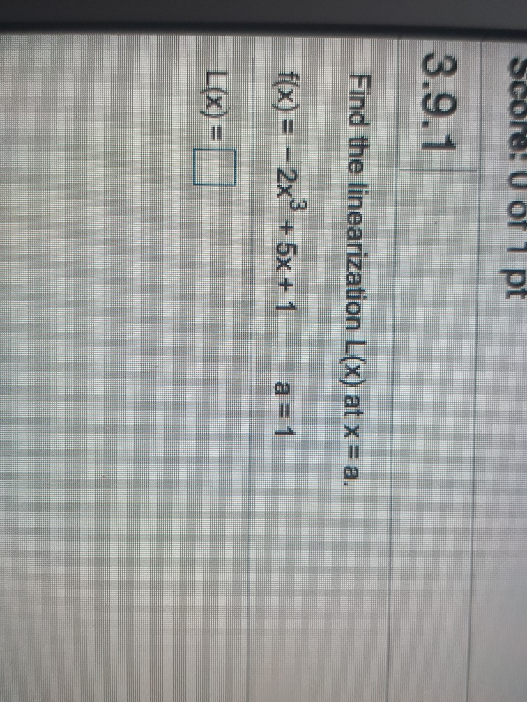 Solved Score: 0 of 1 pt 3.9.1 Find the linearization L(x) at | Chegg.com