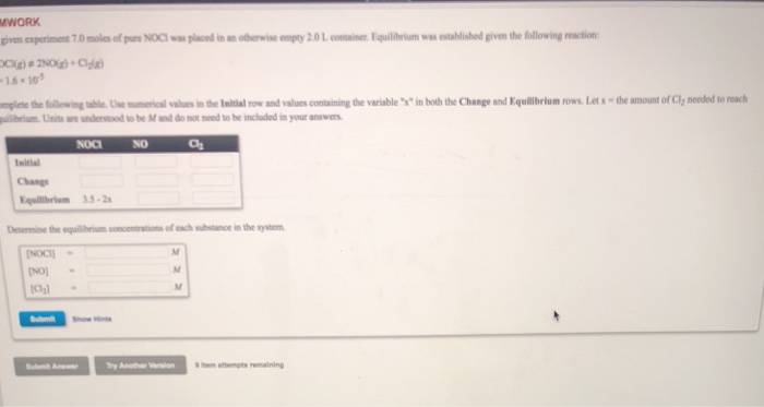 Solved WORK iven experiment 7.0 moles of pure NOC was placed | Chegg.com