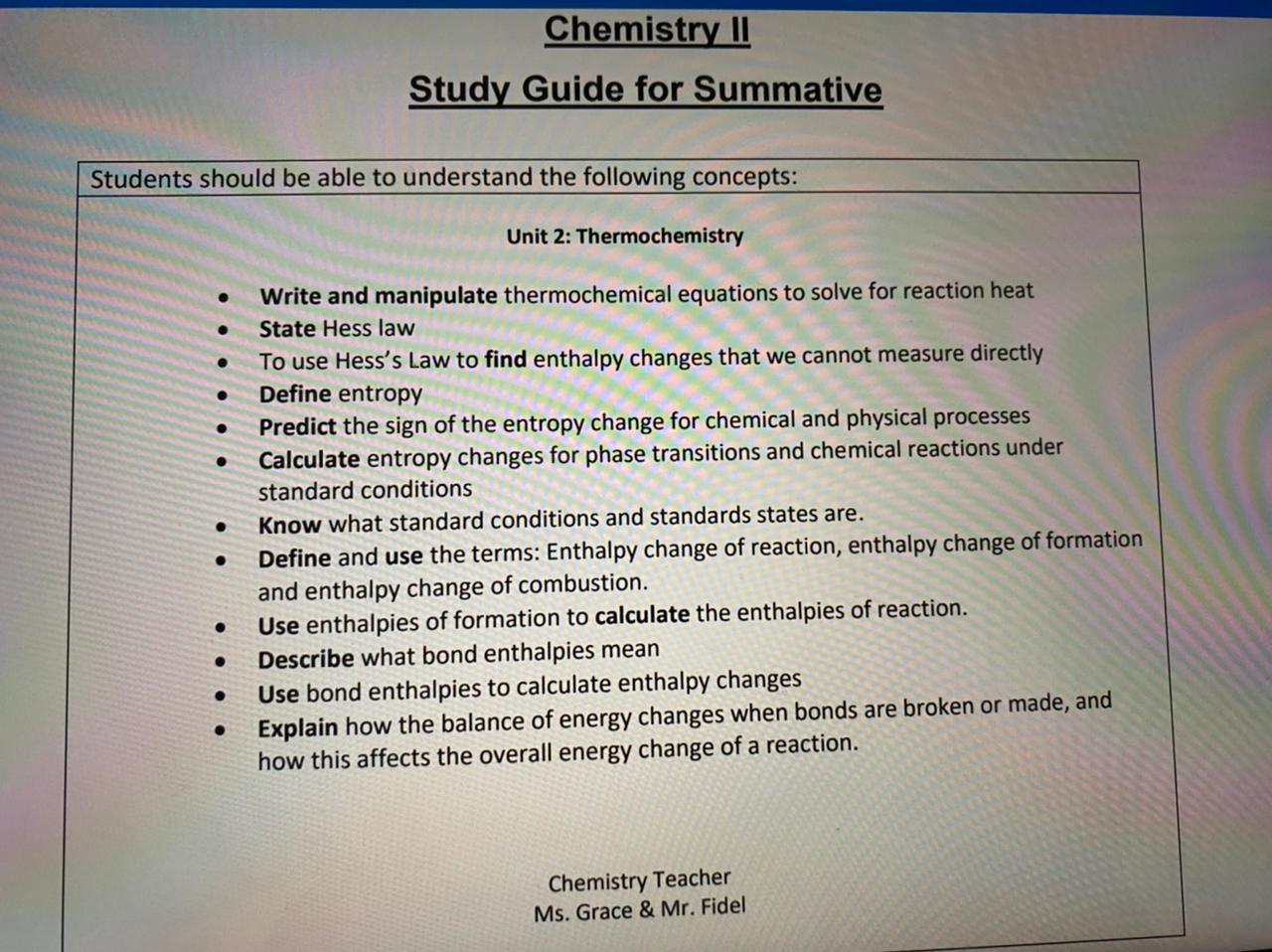 Solved Chemistry II Study Guide for Summative Students | Chegg.com