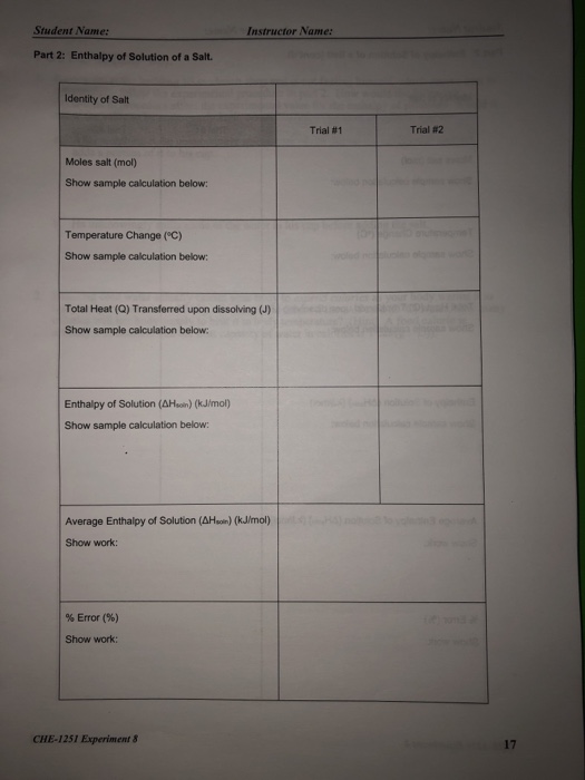 Solved Student Name: Instructor Name: Part 2: Enthalpy of | Chegg.com