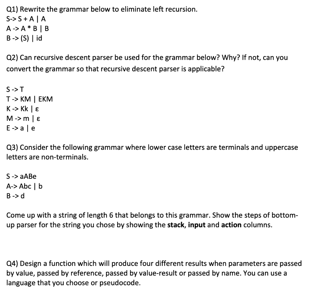 Solved Q1) Rewrite the grammar below to eliminate left | Chegg.com
