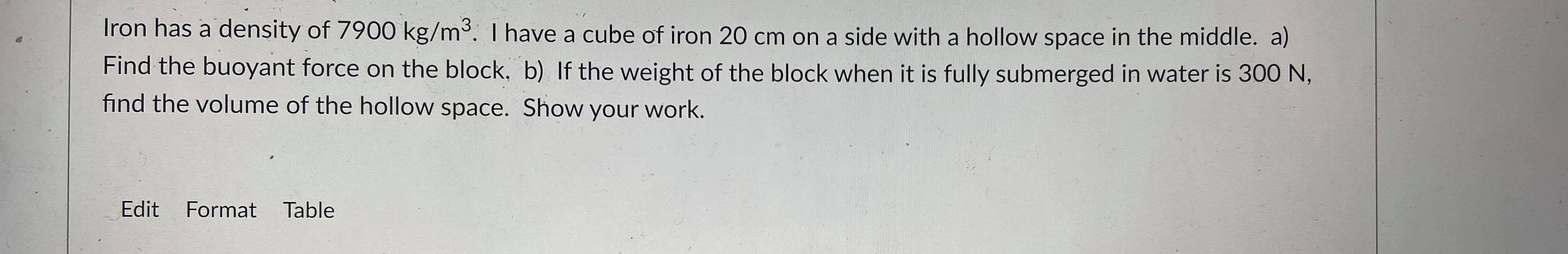 Solved Iron has a density of 7900 kg/m3. I have a cube of | Chegg.com