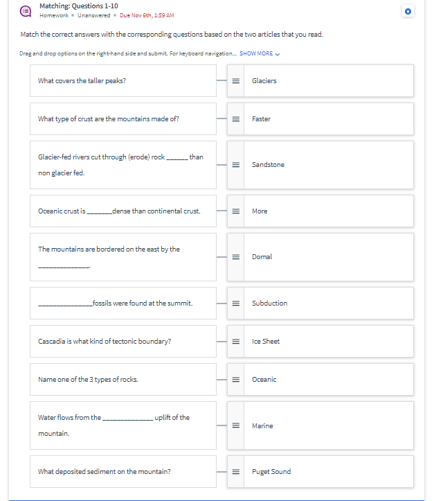 Solved Matching: Questions 1-10Homework * ﻿Unanswered * ﻿Due | Chegg.com