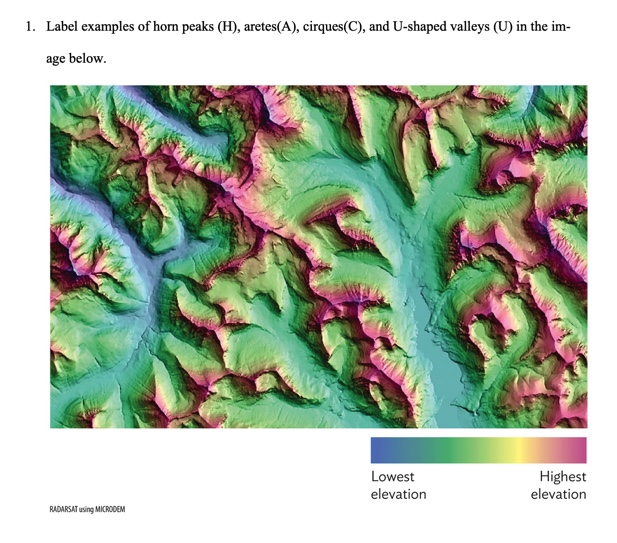 Solved by an EXPERT Label examples of horn peaks (H), ﻿aretes(A ...
