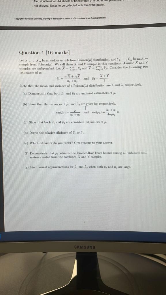 Solved Question 1 [16 marks] Let X1…,Xn1 be a random sample | Chegg.com