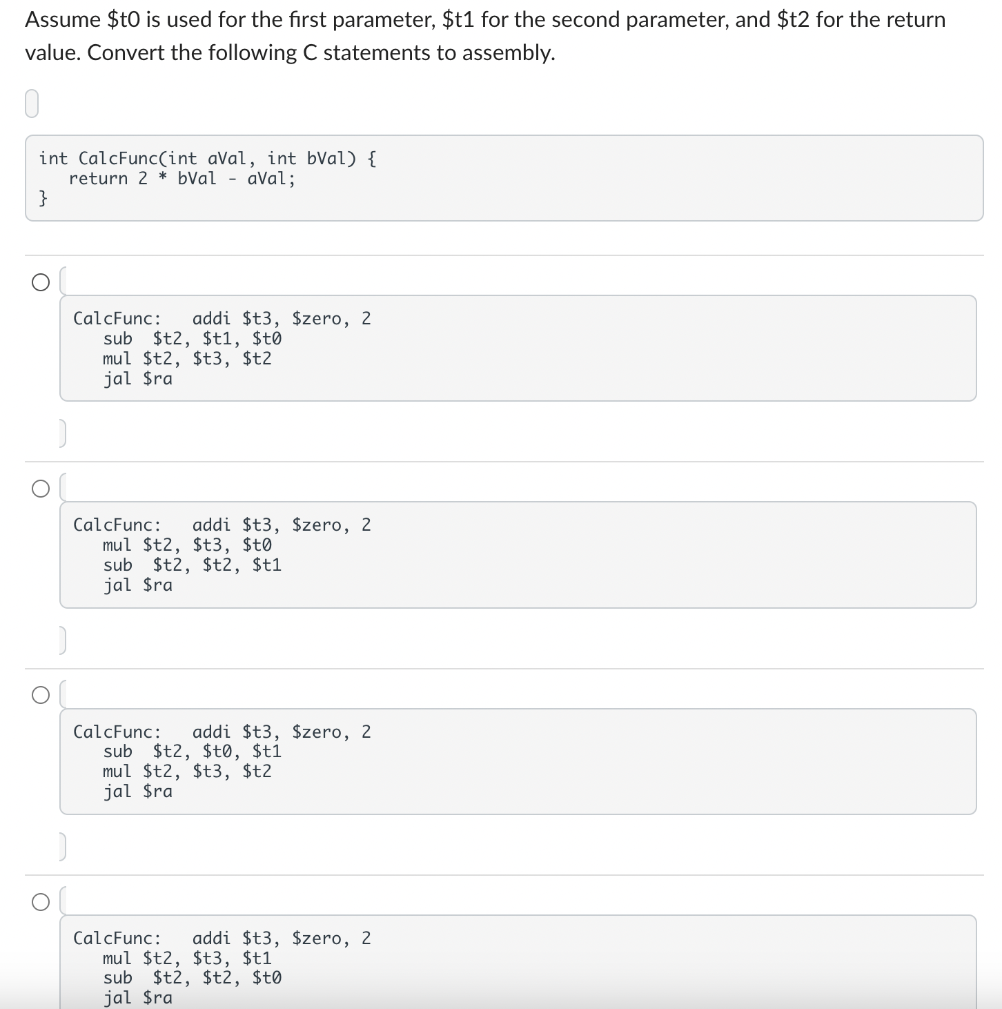 Solved Assume $t0 ﻿is used for the first parameter, $t1 ﻿for | Chegg.com