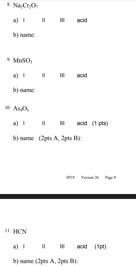 Solved 8. Na,Cr2O7 III acid a) I b) name: 9. MNSO3 III acid | Chegg.com