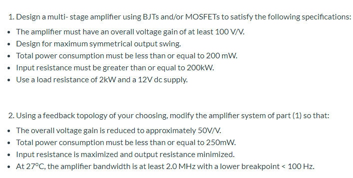 1. Design a multi-stage amplifier using BJTs and/or | Chegg.com