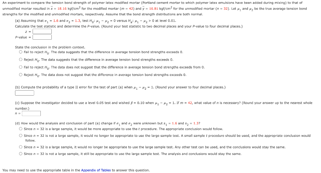 Solved dified mortar resulted in xˉ=18.16kgf/cm2 for the | Chegg.com