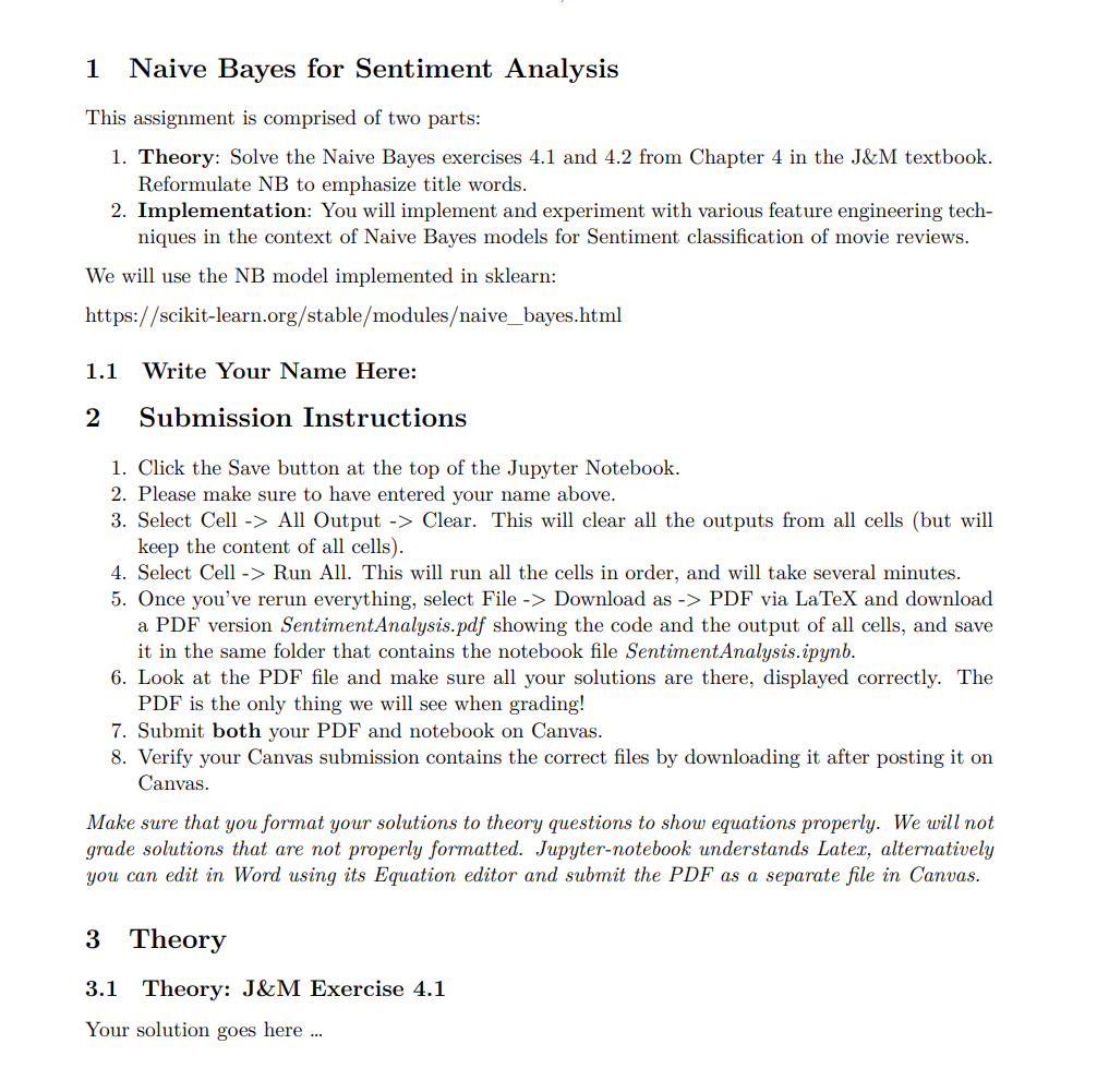 Solved 1 Naive Bayes For Sentiment Analysis This Assignment