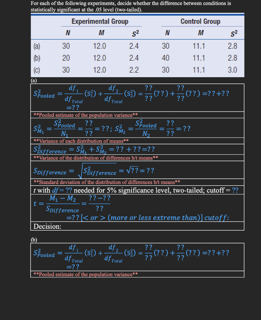 For each of the following experiments, decide whether | Chegg.com