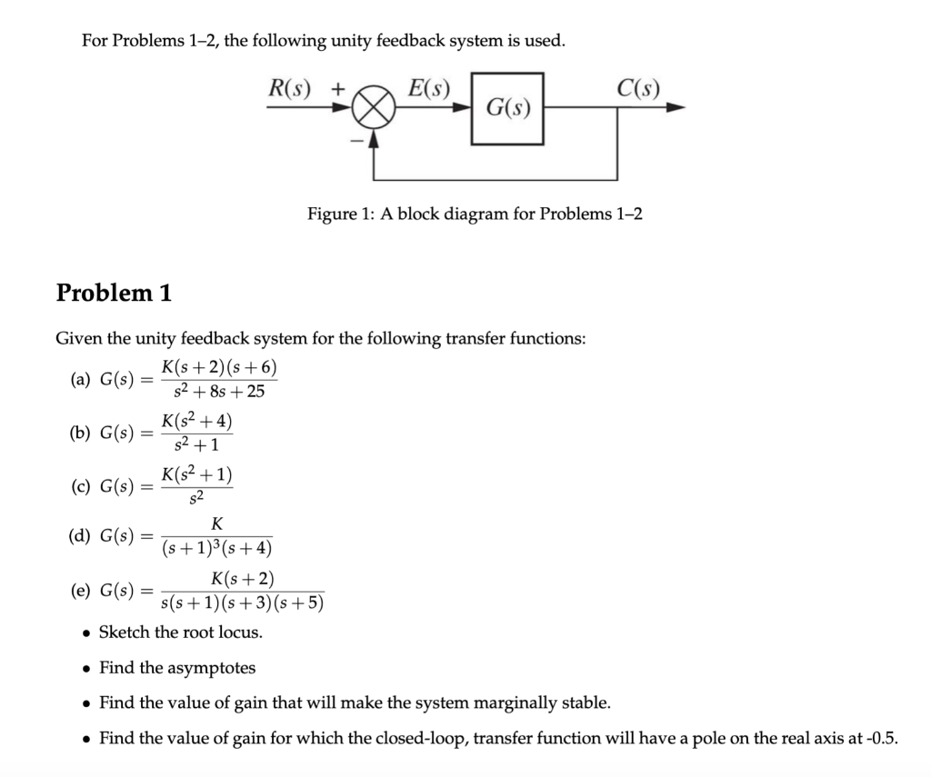 For Problems 1-2, the following unity feedback system | Chegg.com
