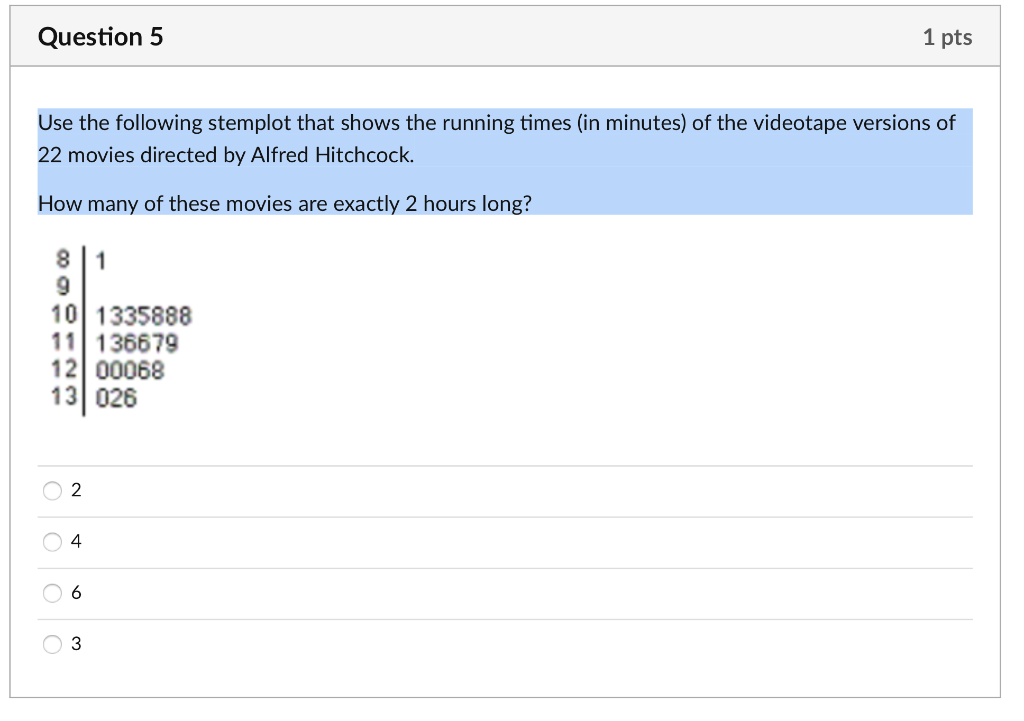 Solved Question 5 1 pts Use the following stemplot that | Chegg.com