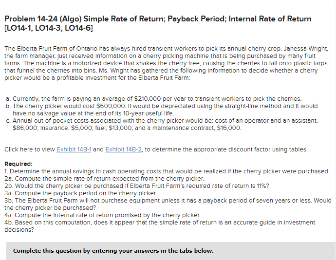 Solved Problem 14-24 (Algo) Simple Rate of Return; Payback | Chegg.com