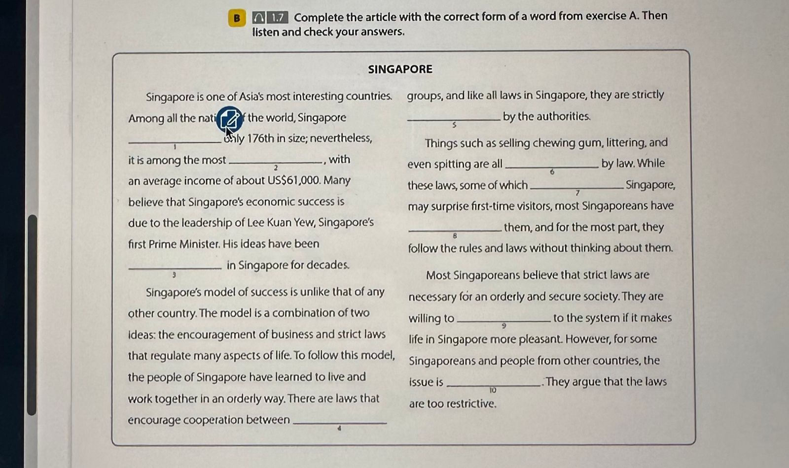 B ∩1.7 Complete the article with the correct form of | Chegg.com