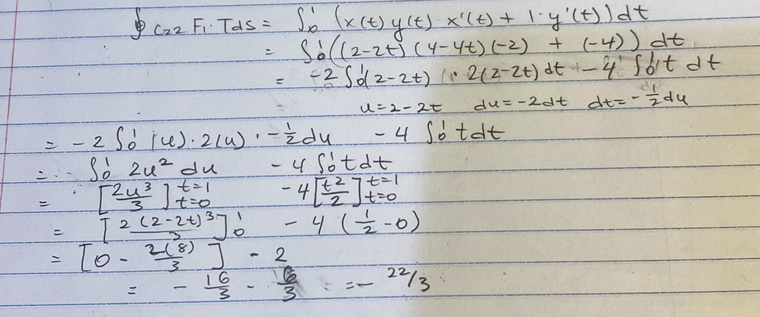 Solved ∮c22F1⋅Tds=======∫01(x(t)y(t)x′(t)+1⋅y′(t))dt∫01((2−2 | Chegg.com