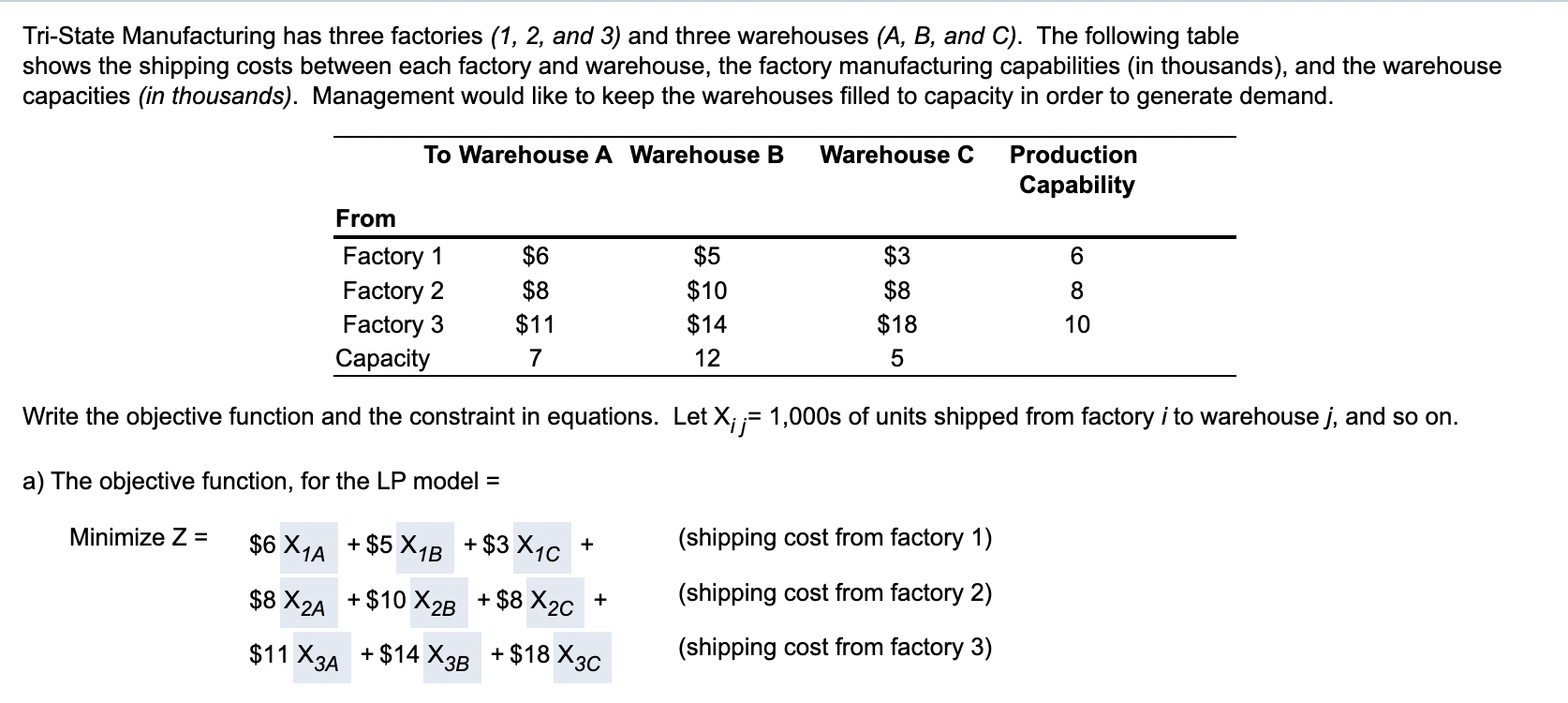 Solved Tri-State Manufacturing has three factories (1,2, and | Chegg.com