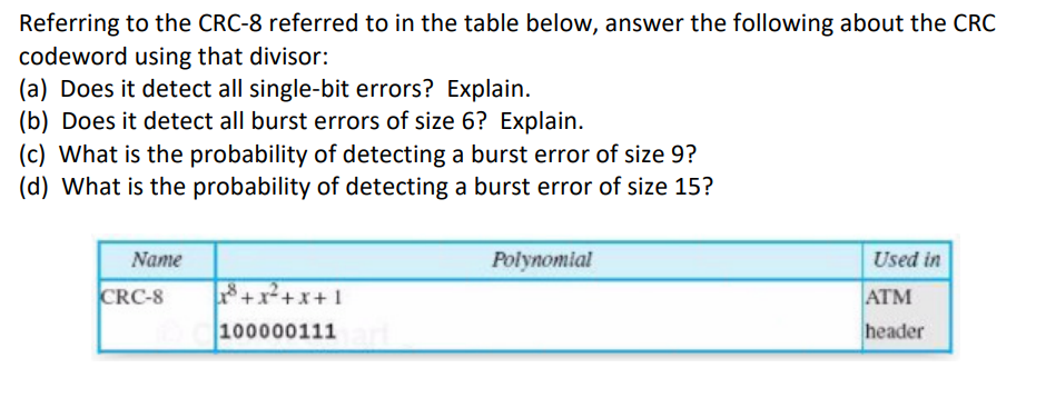 Solved Referring to the CRC- 8 referred to in the table | Chegg.com