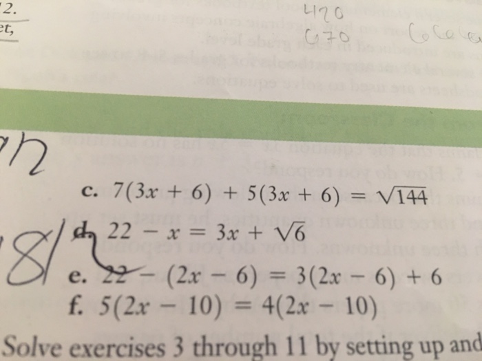 Solved 니7G 2. t, c. 7( V144 e. 2 (2x-6) = 3(2x-6) + 6 Solve | Chegg.com
